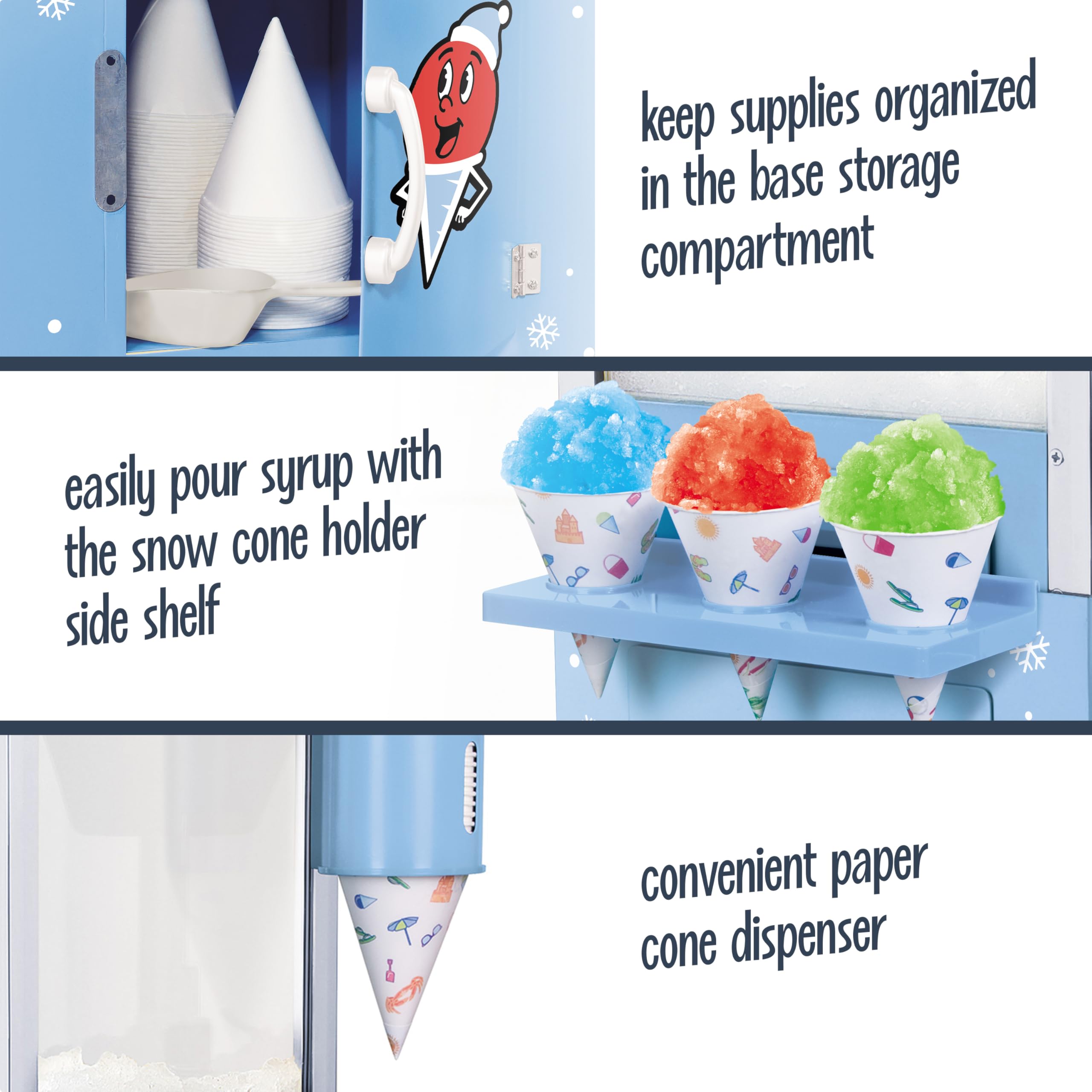 Nostalgia Snow Cone Shaved Ice Machine - Retro Cart Slushie Machine Makes 72 Icy Treats - Includes Metal Scoop, 2 Syrup Bottles, 100 Paper Cups/Spoons, Storage Compartment, Wheels - Blue, 54" Tall
