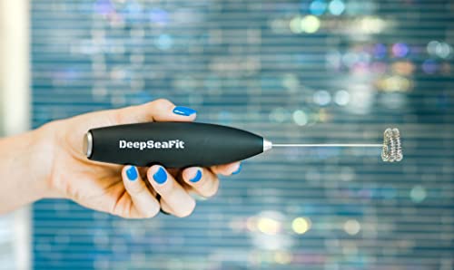 DeepSeaFit Hand Blender & Mixer for Pre-Workout, Protein, Formula, Powder Supplements, Coffee Art, Mixer Stick, Hand Mixer Electric, Milk Frother Batteries Included, Veteran Owned & Operated (Black)