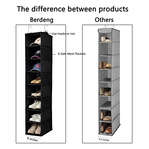 Berdeng Hanging Shoe Organizer for Closet with Side Mesh Pockets,Hat Racks for Baseball Caps,Shoe and Hat Holder & Storage,8-Shelf,Black,1 pack
