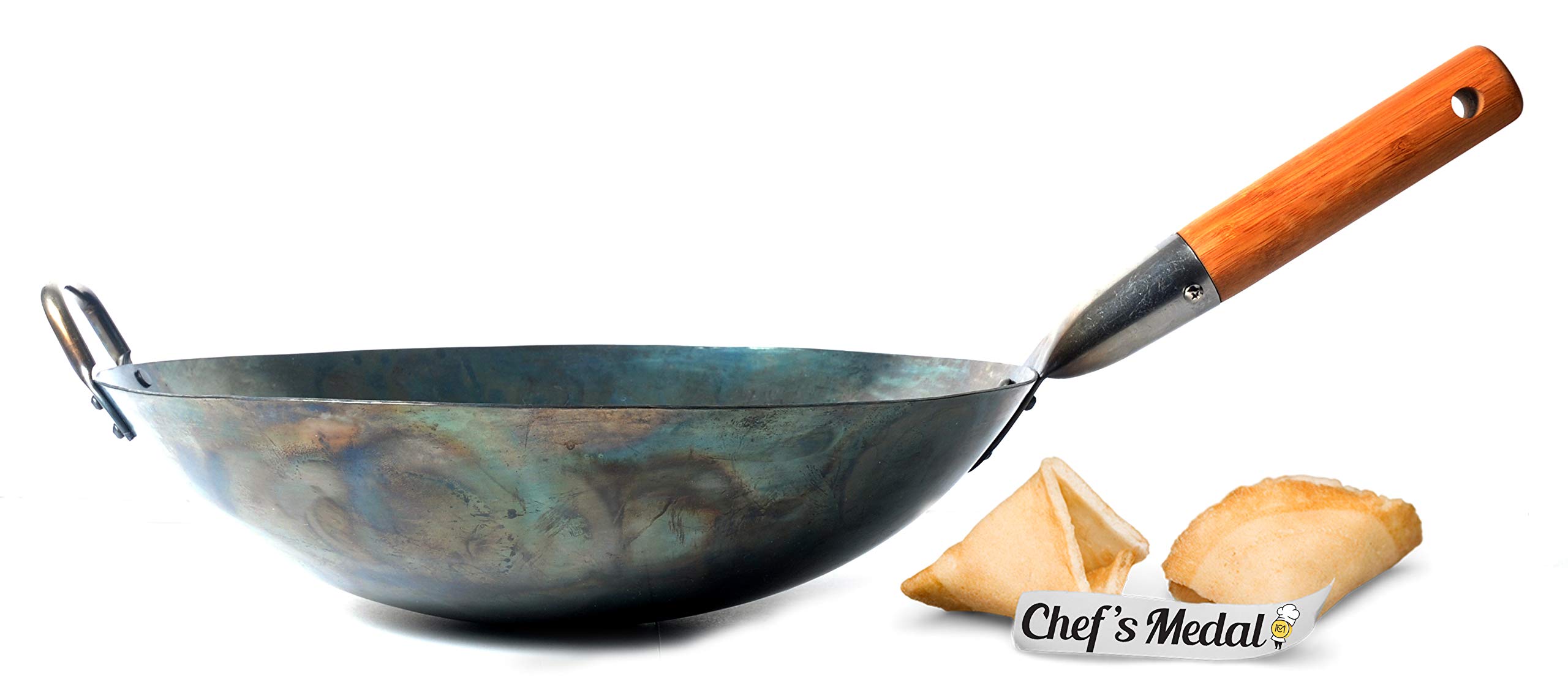 Chef's Medal Traditional Hand Hammered Carbon Steel Pow Wok with Bamboo and Steel Helper Handle - 14 Inch, Round Bottom