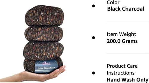 Cotton Alpaca Tweed, 3 DK, Light Worsted Yarn Pack of 4 (588yds/200g), Super Soft Fluffy Blend for Knitting and Crocheting Hats, Shawls, Garments, Blankets (Black Charcoal)