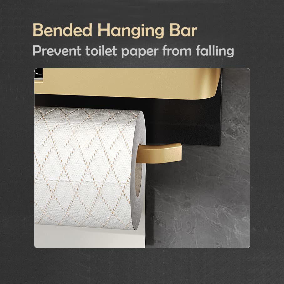 ROZZWILD Toilet Paper Holder with Shelf Adhesive Wall Mounted No Drill Aluminium Alloy Stainless & Rustproof Toilet Paper Roll Dispenser Bathroom Organizer Storage Rack Matte Black Gold
