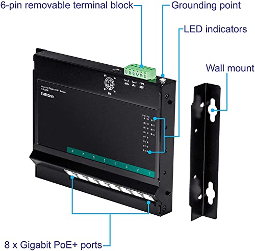 TRENDnet 8-Port Industrial Gigabit Poe+ Wall-Mounted Front Access Switch, TI-PG80F, 8X Gigabit Poe+ Ports, DIN-Rail Mount, 48 –57V DC Power Input, IP30, 200W Poe Budget, Lifetime Protection