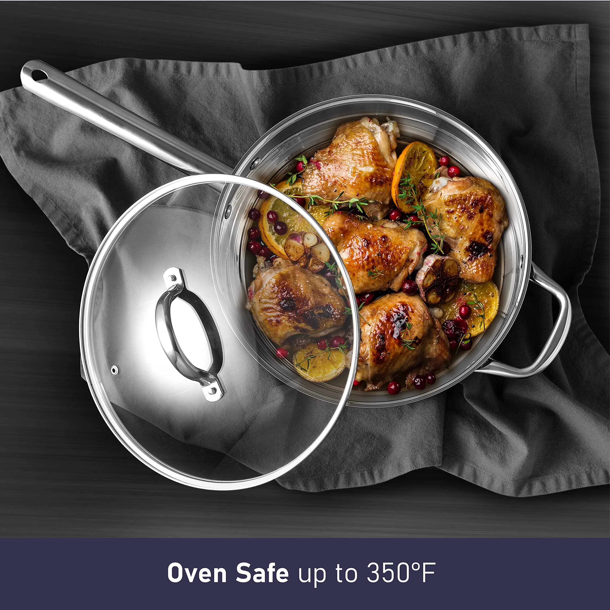 Bergner - Gourmet - 5 Quart Sauté Pan with Lid – Stainless-Steel Non-Stick Saucepan with Tempered Glass Lid - Even Heat Distribution - Safe For All Stove Types