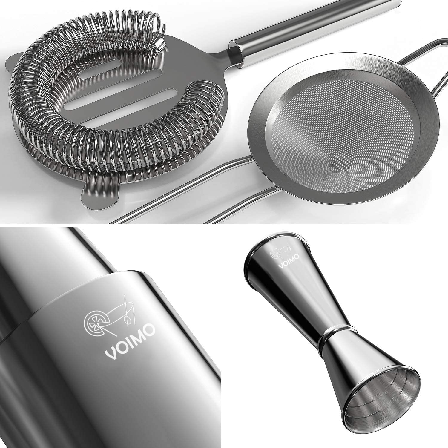 Bartender Kit Cocktail Set, VOIMO Stainless Steel Premium Cocktail Shaker Set Boston Shaker, 22 Piece Bar Tools Set with Better Acrylic Stand, Cocktail Gift Set for Holiday Day, Home or Bar
