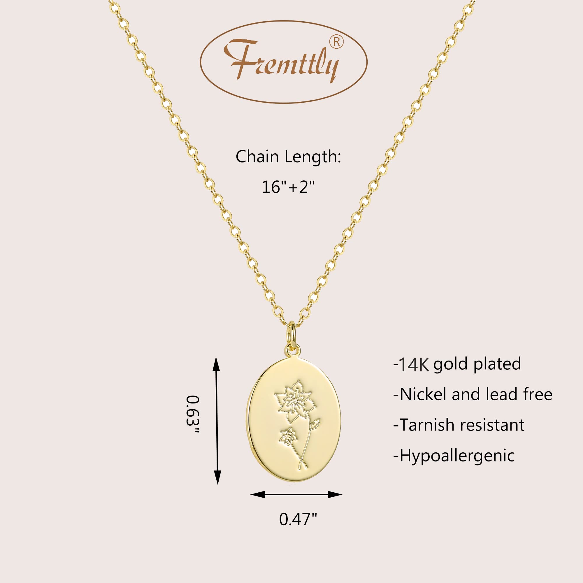 Fremttly Oval Coin Pendant Necklace 12 Month Birth Flower Disc Necklace 14K Real Gold Dainty Personalized Gift -3-Daffodil