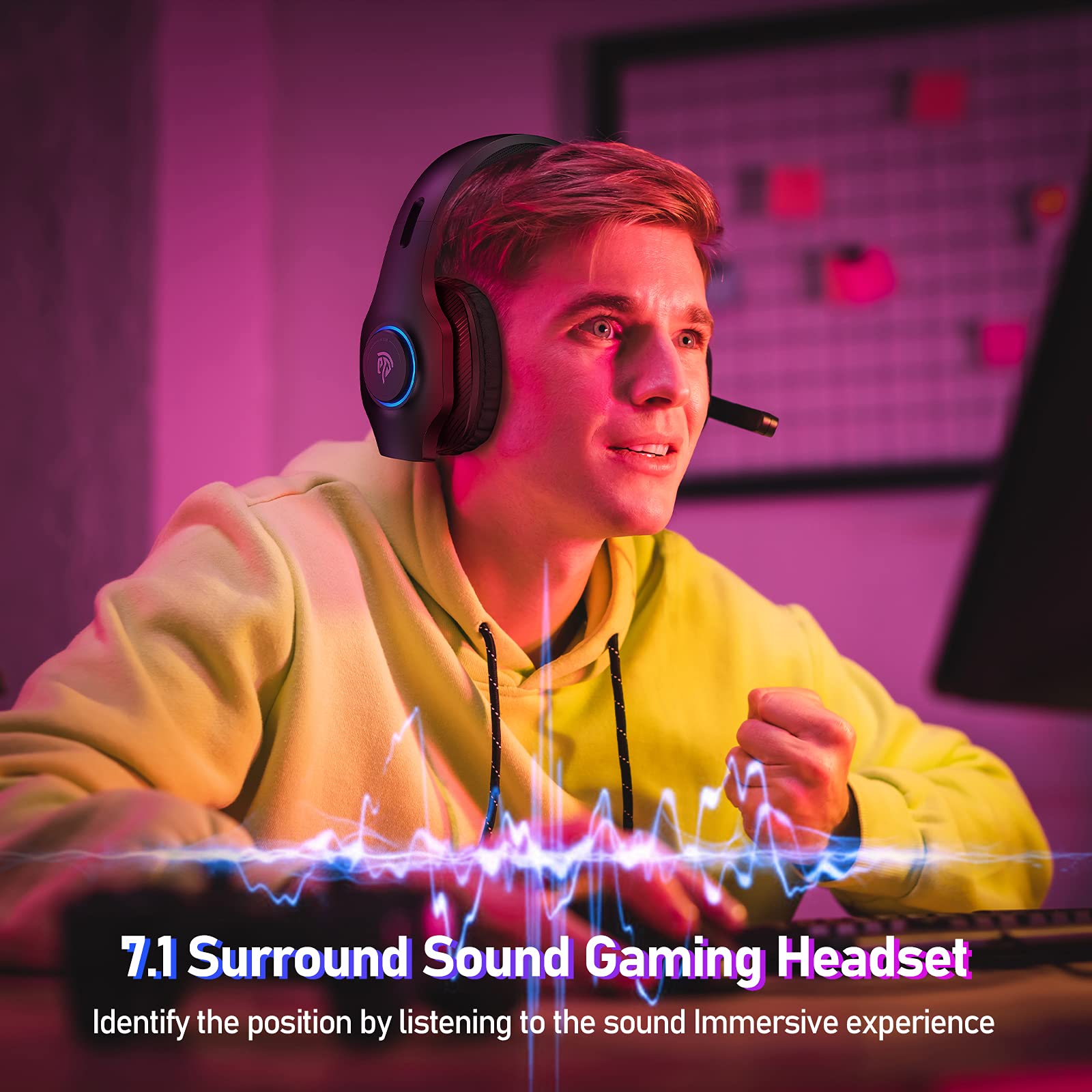 EasySMX USB Gaming Headset, PS5 Headset, 7.1 Surround Sound Stereo Gaming Headphones for PS4, PC Games, Over-Ear Gamer Headphones with (Brown-Black)
