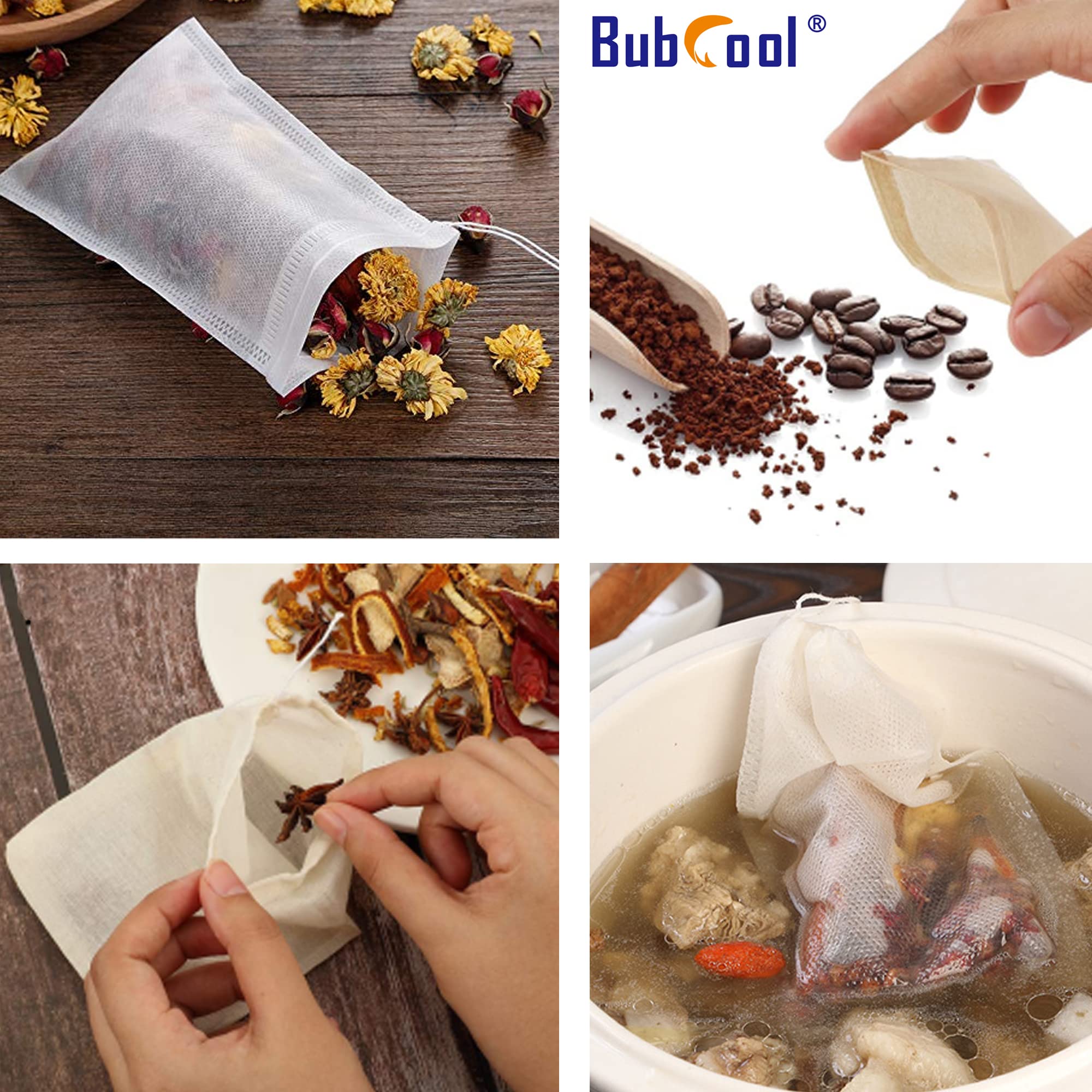 Bubcool Tea Filter Bags, Safe & Natural Material, Disposable Tea Infuser, Empty Tea Bbag With Drawstring For Loose Leaf Tea,Coffee, Spice, Herbs,set of 100(3.15 x 3.94 inch )(White)