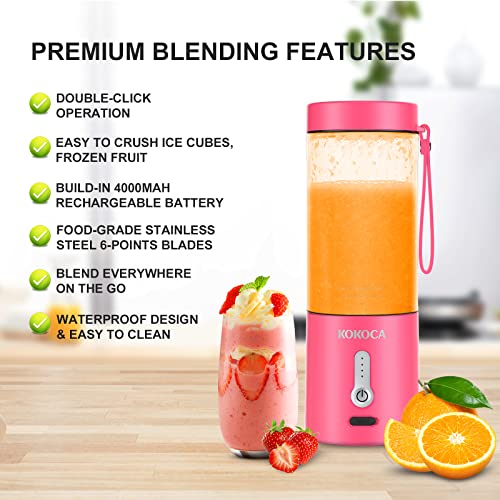 Blend & Jet Portable Blender for Shakes and Smoothies, KOKOCA Personal Travel Blender for Protein with 4000mAh USB Rechargeable Battery, Crush Ice, Frozen Fruit and Drinks, 18 oz Mini Cup