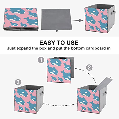 Cartoon Orca Whale Canvas Collapsible Storage Bins Cube Organizer Baskets with Handles for Home Office Car
