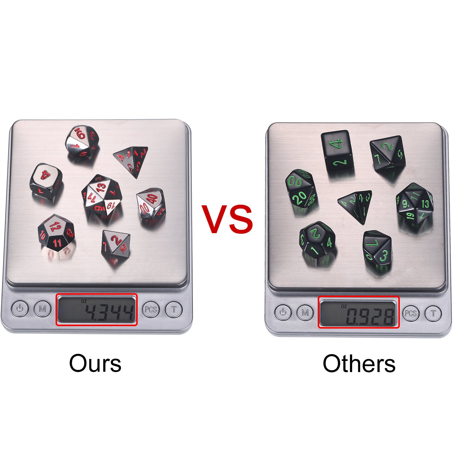 Frienda Zinc Alloy Metal Polyhedral 7-die Dice Set Compatible with Dungeons and Dragons RPG Dice Gaming Math Teaching, D20, D12, 2 Pieces D10 (00-90 and 0-9), D8, D6 and D4 (Black and Red)