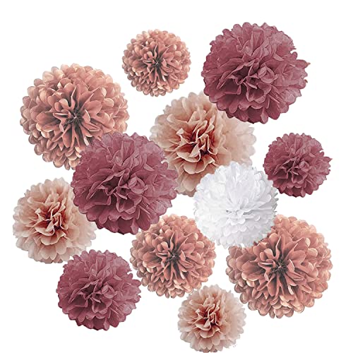 CC wonderland zone Rose Gold,Pink and White Paper Pom Poms,Rose Gold White Tissue Pom Poms Hanging Decorations,Rose Gold White Party Decorations(12 PCS)