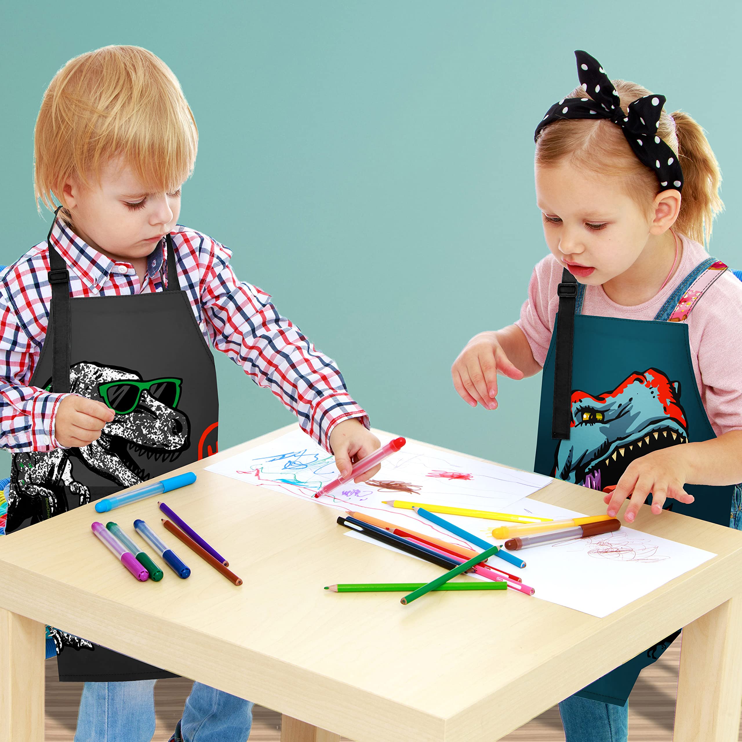 BeeGreen Kids Apron 2 Pack Cooking Aprons with Adjustable Strap Kids Kitchen Aprons with Front Pocket for Girls Toddler Painting Baking Artist Washable Foldable Lightweight (Dinosaurs+Space Planets)