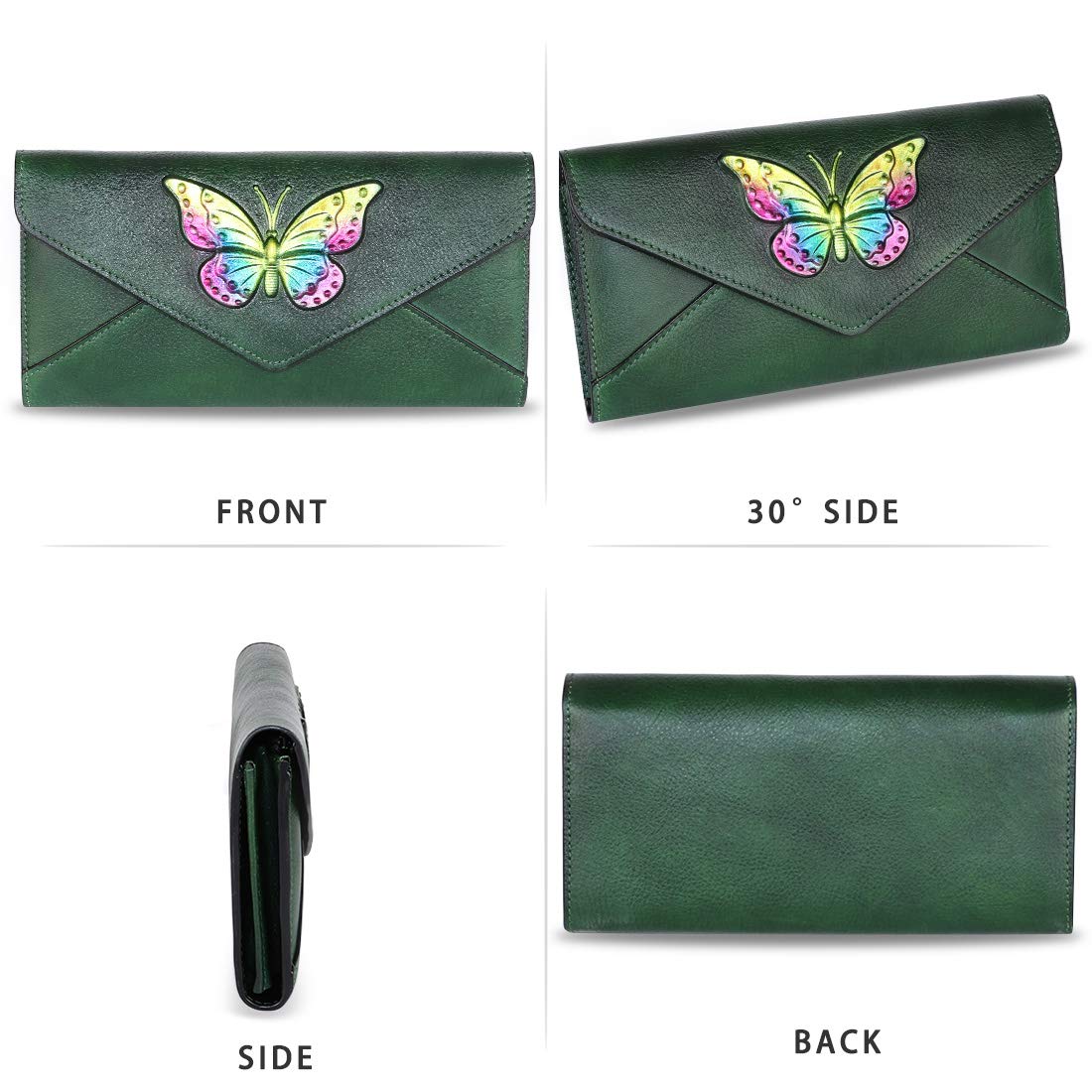 Genuine Leather Wallets for Women RFID Blocking Purse Vintage All in One Organizer Handmade Long Wallet Luxury Clutch (Green)