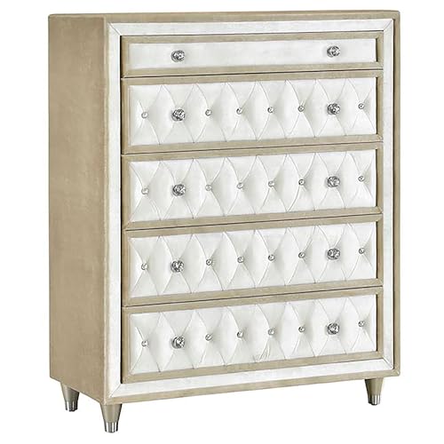 Coaster Home Furnishings Antonella Modern Classic 5-Piece Bedroom Set Velvet Upholstered Eastern King Size Panel Bed Frame 79-inch Headboard Ivory and Camel 223521KE-S5