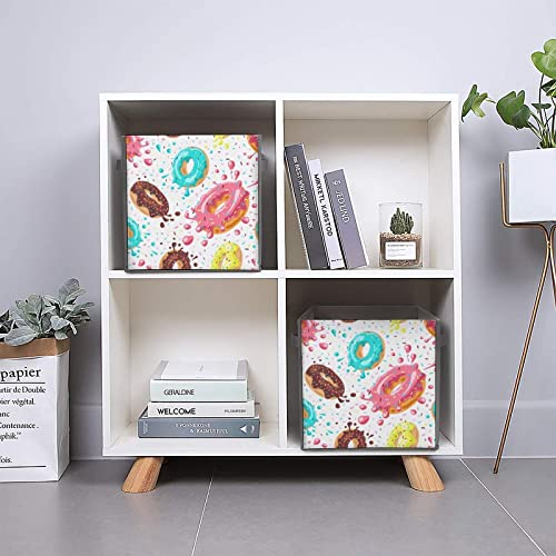 Colorful Donuts Canvas Collapsible Storage Bins Cube Organizer Baskets with Handles for Home Office Car