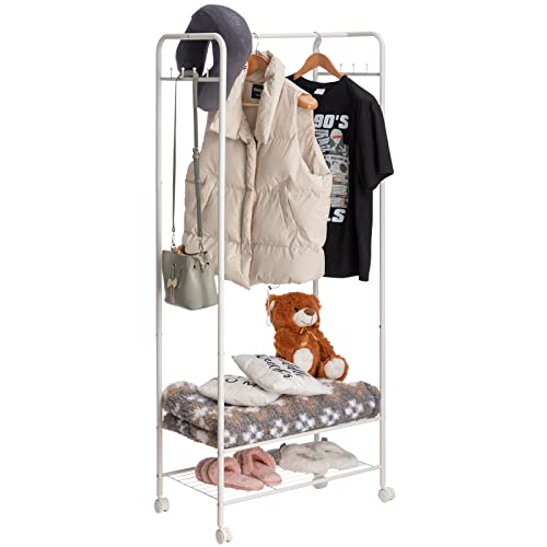 DOEWORKS Metal Garment Wire Rack With 2 Tier Storage Shelves for Large Capacity, Freestanding Clothes Hanger Storage Rolling Rack for Home, White