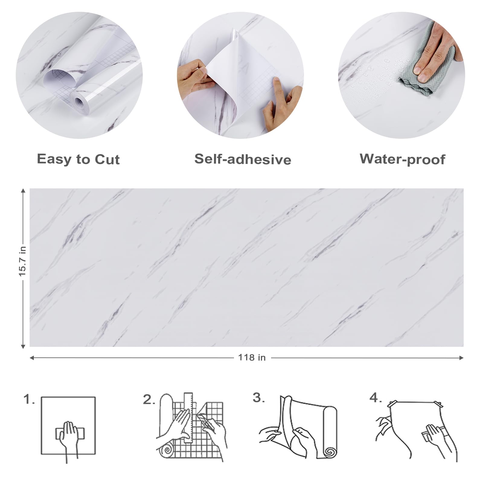 LXCREAT Glossy Gray White Marble Contact Paper, Granite Marble Wallpaper Peel and Stick Countertops, 15.7" x 118" Self Adhesive Removable Vinyl Wallpaper for Kitchen Beadboard Decoration