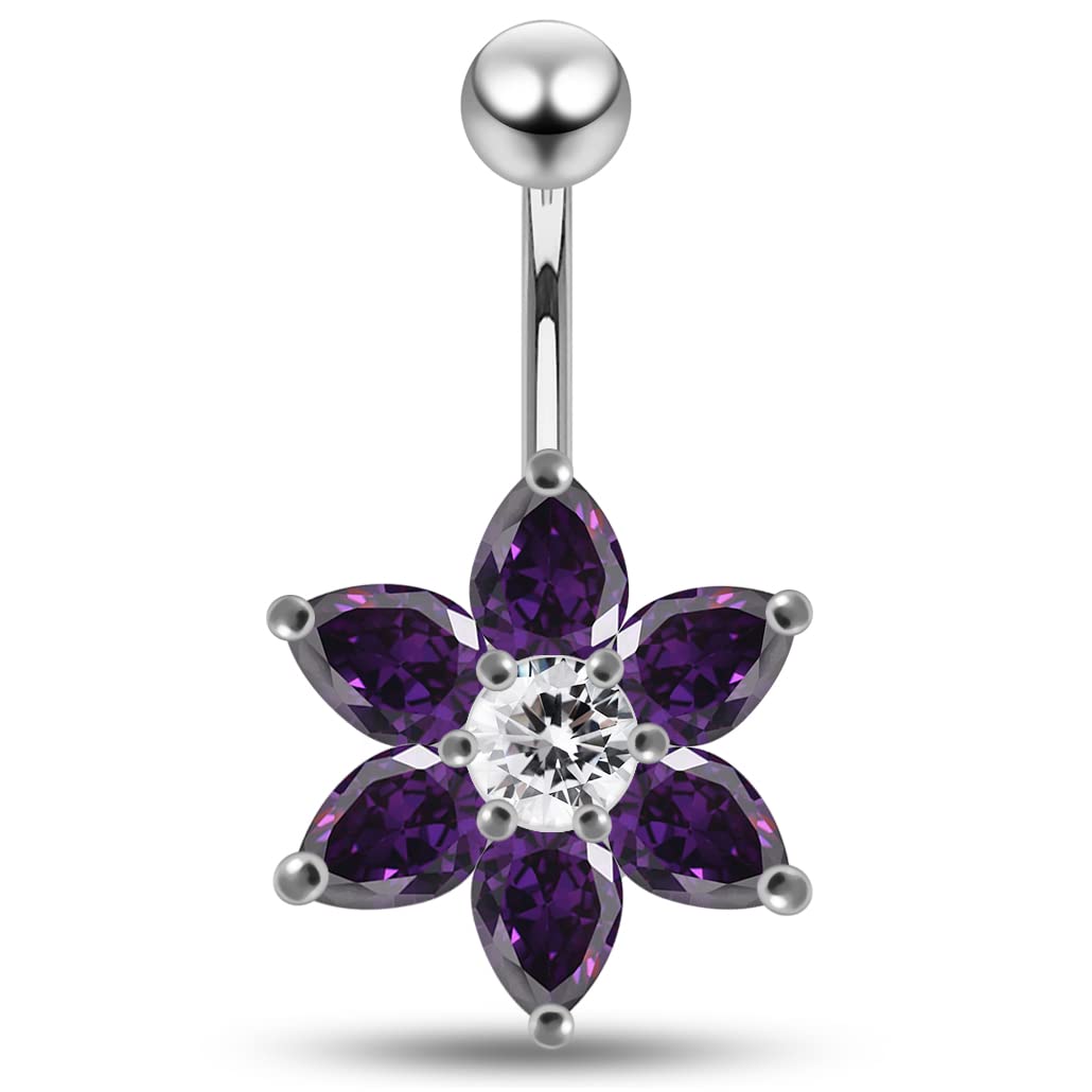 AtoZ Piercing Purple Gemstone Fancy Flower 925 Sterling Silver with Stainless Steel Belly Button Rings