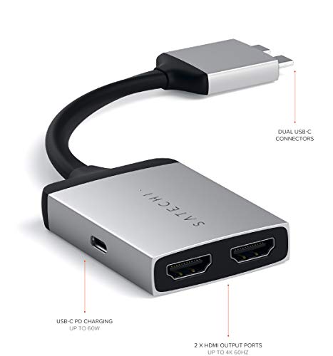Satechi Aluminum Type-C Dual HDMI Adapter 4K 60Hz with USB-C PD Charging - for M2/ M1 MacBook Pro/Air (Silver)
