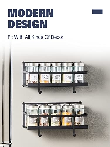 BRONYPRO Magnetic Spice Rack, 2 Pack Magnetic Shelf for Refrigerator, Large Spice Rack, Space Saver for Small Kitchen, Hanging Magnetic Storage With 4 Hooks, for Spices, Plates, Books, Plants(Black)