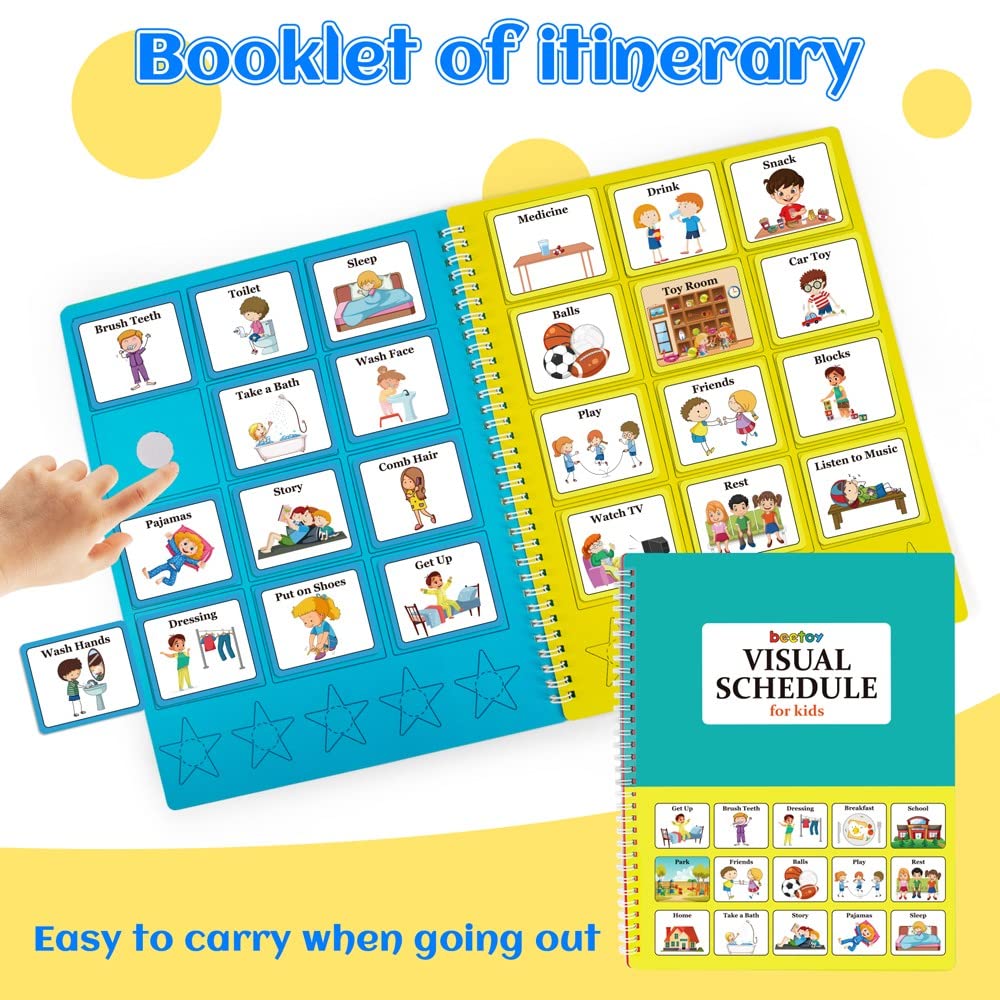 beetoy Visual Schedule Cards for Kids with Autism, Home Chore Chart Routine Cards Autism Learning Materials with 1 Schedule Book and 30 Yellow Stars for at Home, School & in The Community