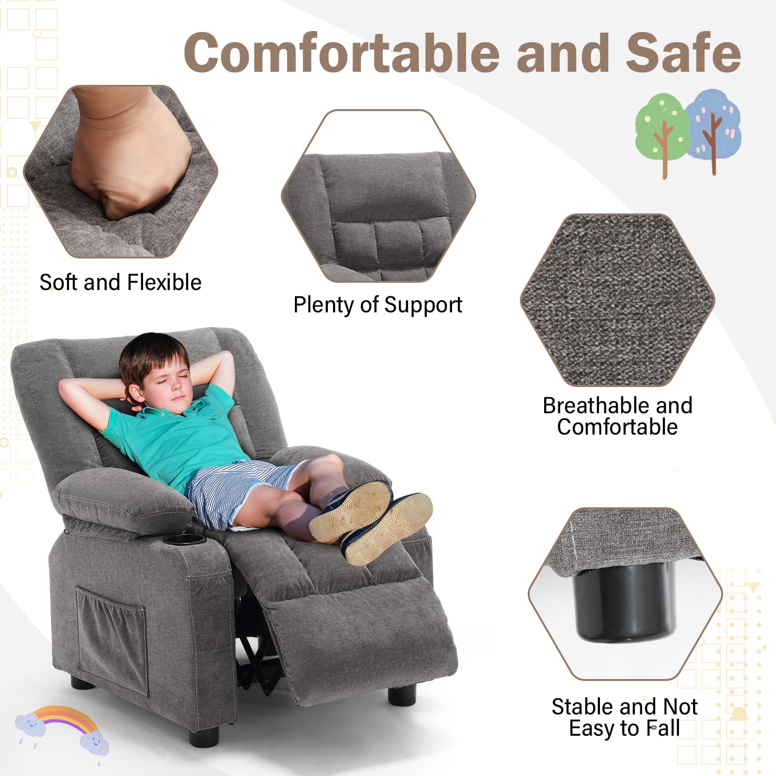 BOSMILLER Kids Recliner Chair, Push Back Toddler Recliner with Cup Holders & Side Pockets, Adjustable Footrest & Headrest Kids Sofa for Boys Girls 3+ Age Group (Deep Grey)