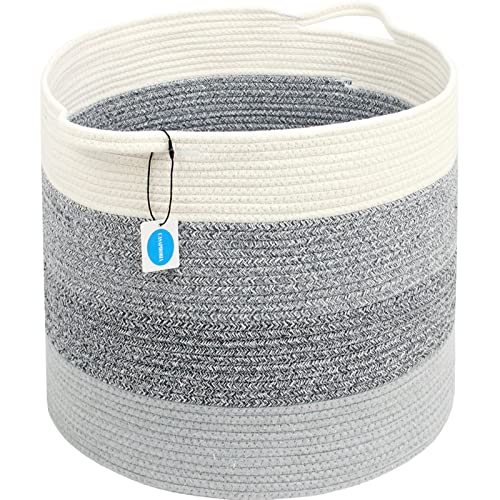 Casaphoria Cotton Rope Storage Basket for Organizing,Round Blanket Basket Living Room,Woven Laundry Basket with Handles for Bathroom Bedroom,Stripe Woven Cotton Laundry Hamper,Gradient Gray