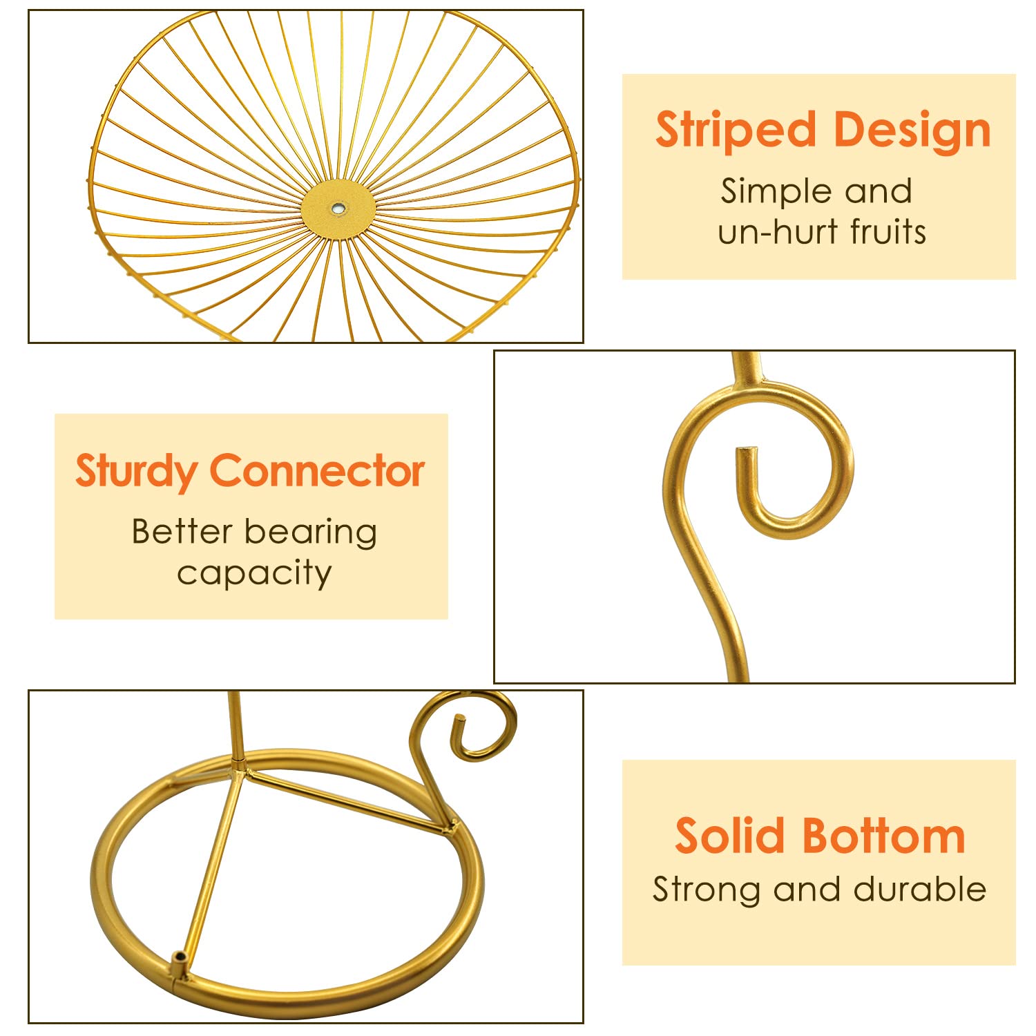 BUDO Metal Fruit Basket, 3-Tier Decorative Fruit Bowl, Wire Vegetables Snacks Metal Bowl Storage Trays Table Countertop, Modern Veggie Holder Stand for Home Kitchen Centerpiece, Gold
