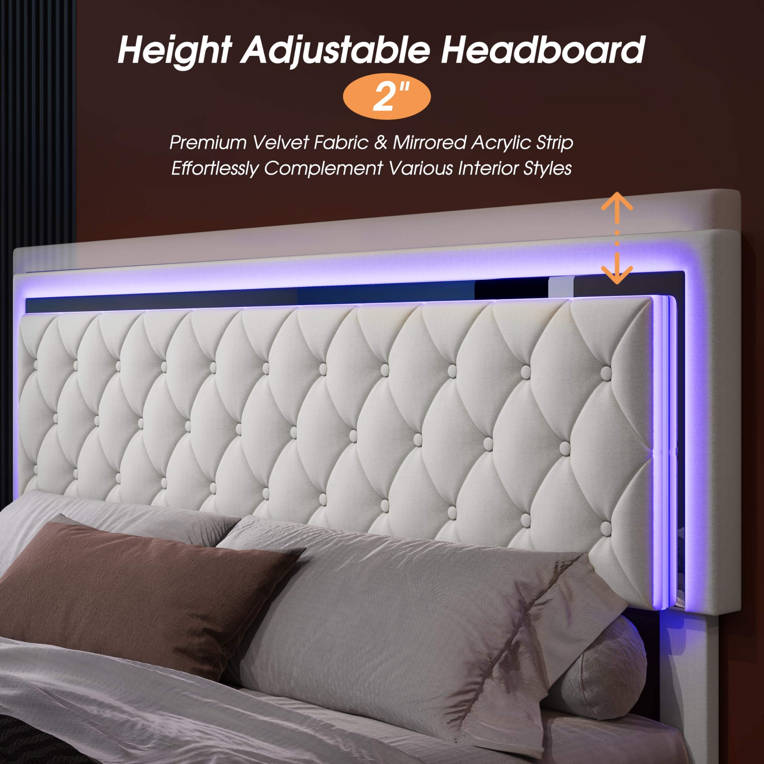 Jocisland Full Size Bed Frame with LED Lights&Storage Drawers,Velvet Upholstered Platform Bed,No Box Spring Needed,White