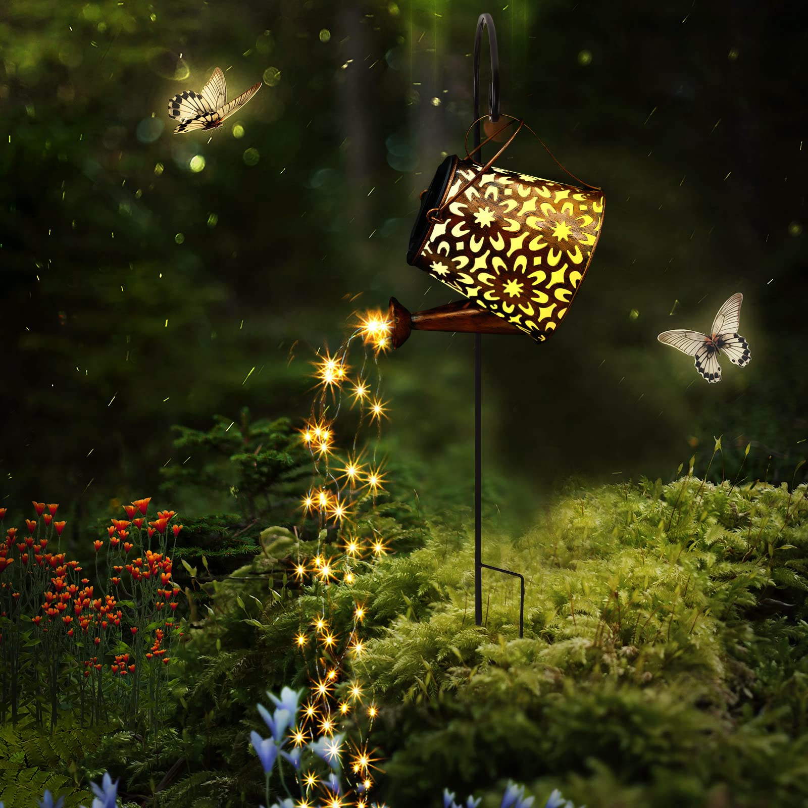 Watering Can with Lights Star Shower Watering Can Solar Twinkle Lights Waterproof Outdoor Decor LED Fairy Lights for Garden Yard Outdoor Lawn Patio Party Decorations Path Lights (Floral Style)