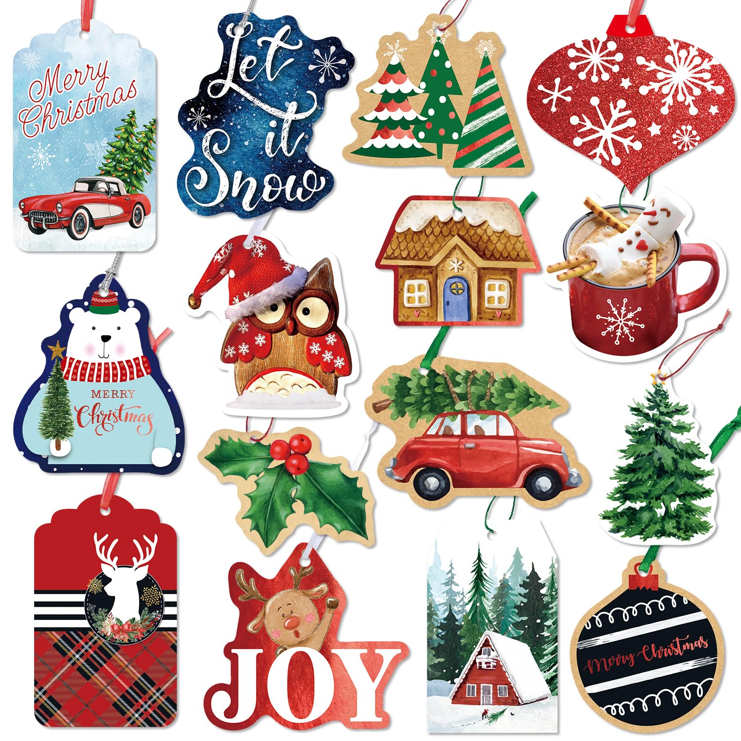 Christmas Tags for Gifts with Untied String 60 Count(15 Assorted Glitter, Foil, Printed Designs for Xmas Holiday Present Wrapping)…