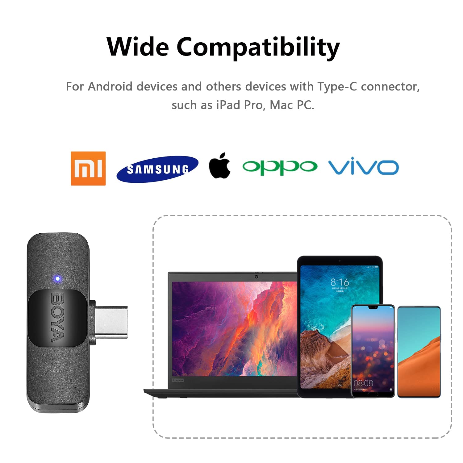 BOYA USB-C Wireless Lavalier Microphone Vlog, BY-V10 Lapel Microphone System, for USB-C Devices, Tablets, iPad, PC Computers, Samsung, Google Pixel, Xiaomi
