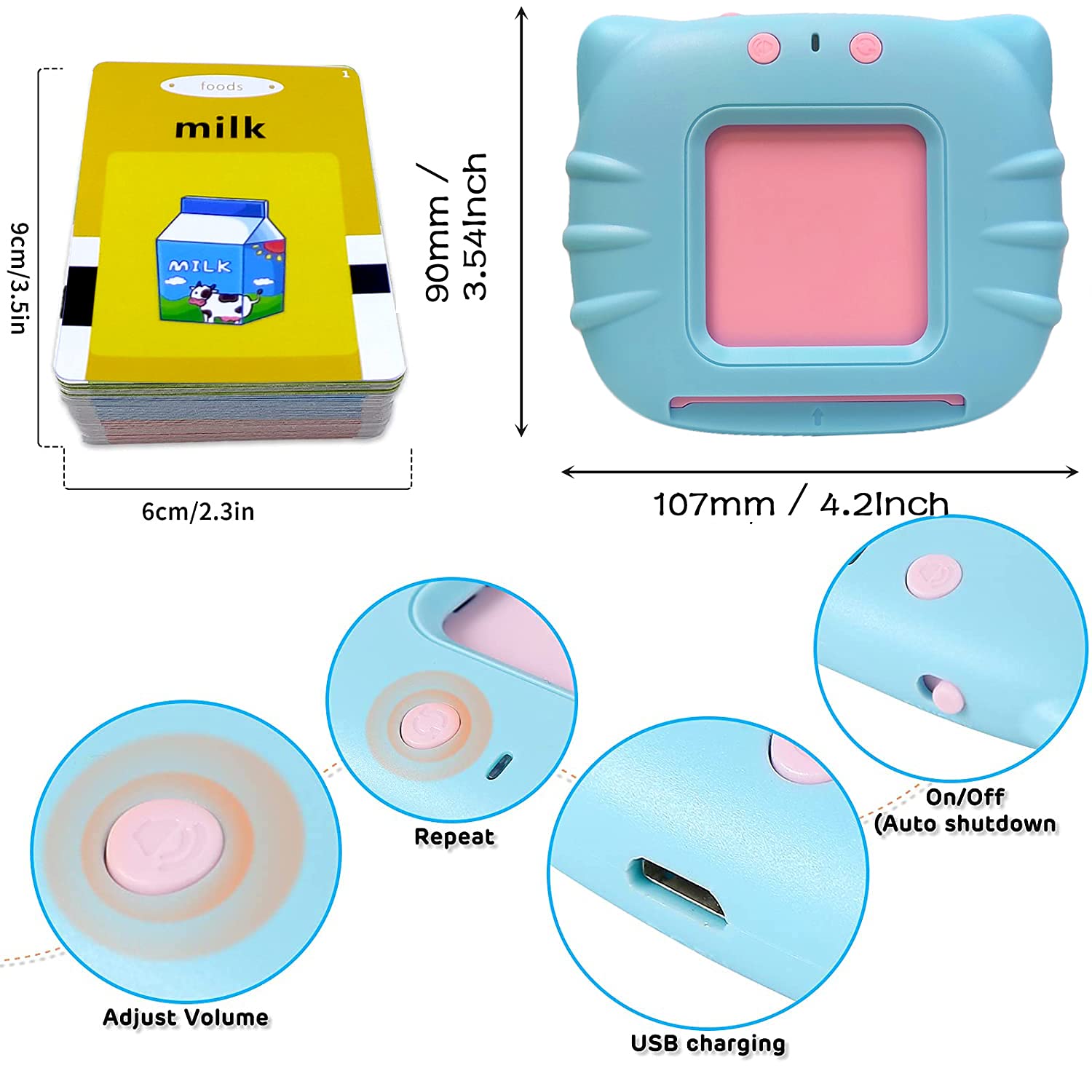 Educational Toddler Toy Flashcards Device,WONFAST 112PCS Double-Sided Illustrations Words Audible Preschool Learning Flash Cards Reader for Kids Boys Girls Birthday Christmas Children Gifts (Blue-1)