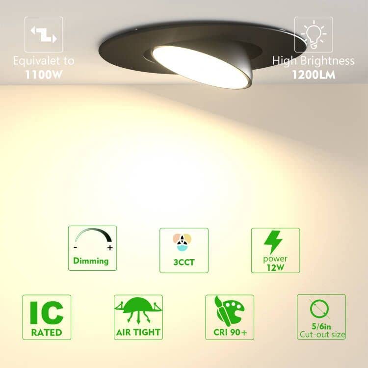 bulbeats 12Pack ๐ ๐ฒ๐๐ฎ๐น 6 Inch Gimbal LED Recessed Lighting, Recessed Lighting 6 inch 12W 1200LM Super Bright Angled Recessed Lighting 3000K/4000K/5000K Directional Downight