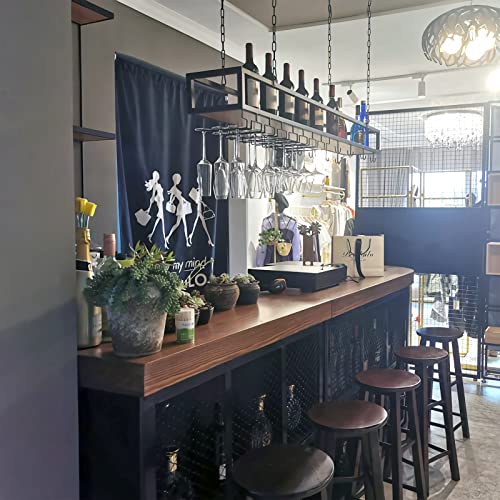 Ceiling Wine Glass Rack - Hanging Wine Rack with Glass Holder and Shelf, Height Adjustable Industrial Hanging Wine Bottle Holder, Black Metal Ceiling Shelf for Bar Cafe Kitchen (47.2×9.8×8.6in)