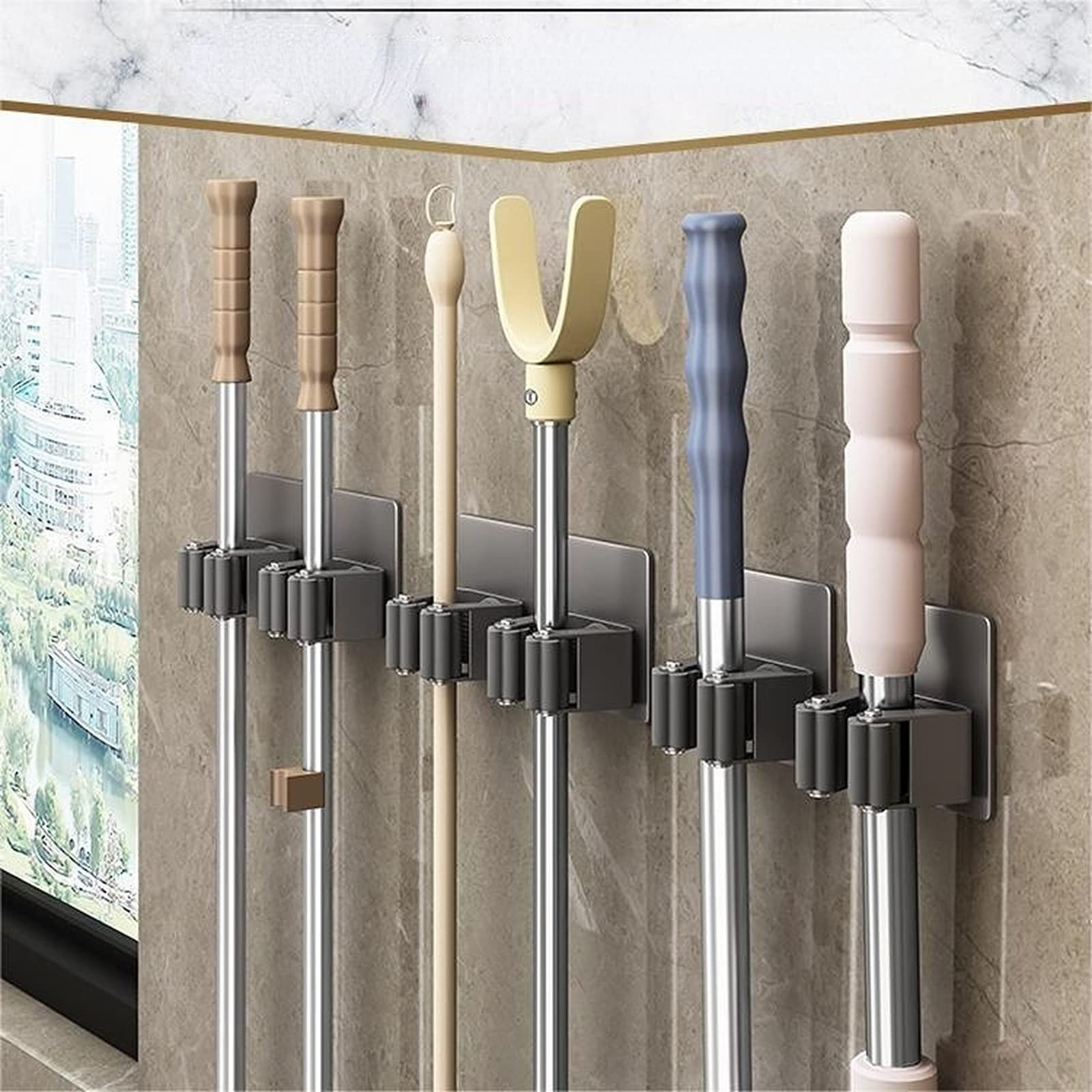 Broom frame, broom frame wall-mounted, non-porous multifunctional broom holder, non-perforated, super anti-skid, household, kitchen, garden, garage storage system broom [black, 2 pieces]