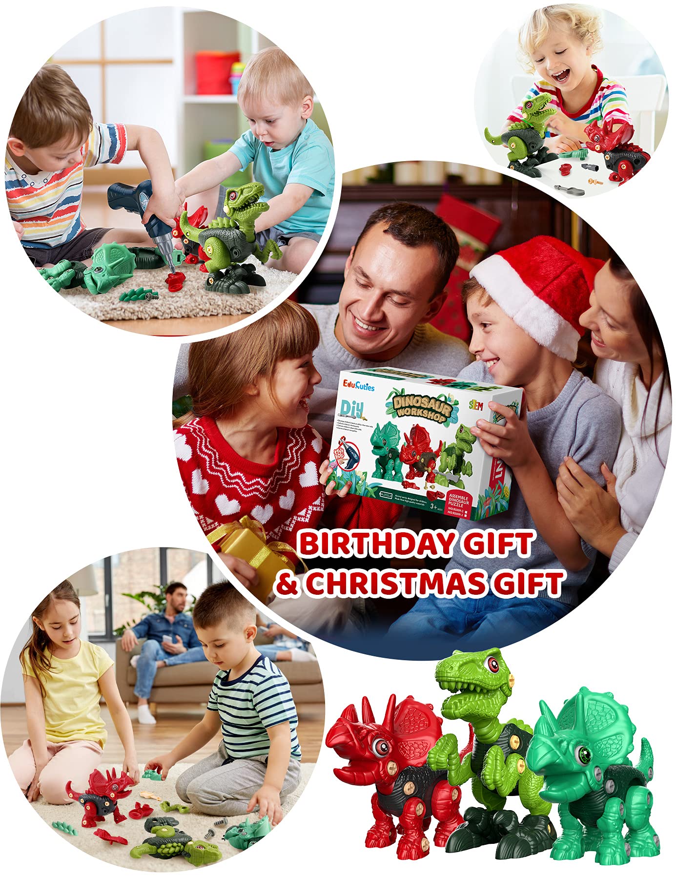 EduCuties Dinosaur Toys for Kids 3-5, Take Apart Dino Games for Boys Girls Age 5-7, Construction Building Educational STEM Sets with Electric Drill for Children Birthday Present