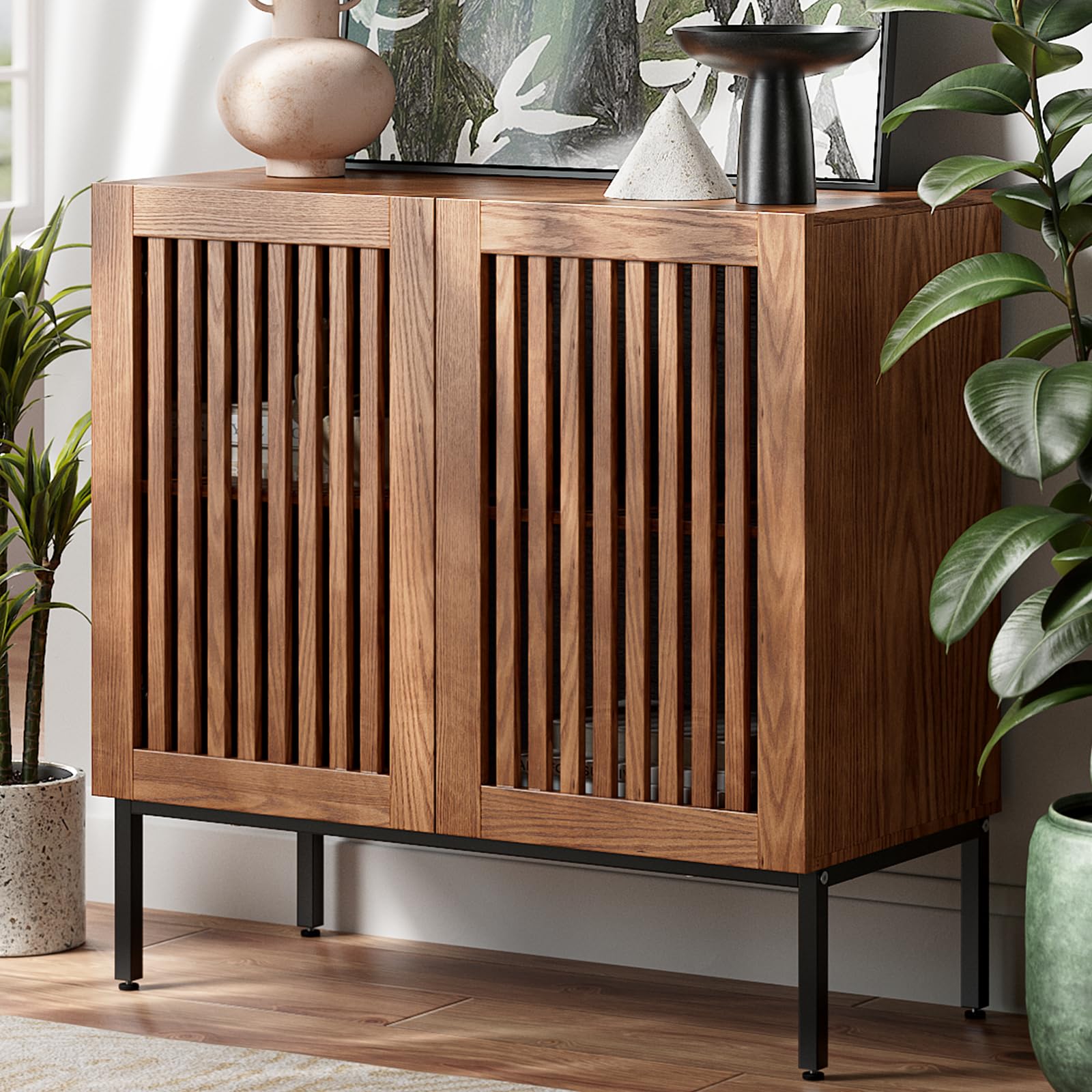 BVIUNTWO Storage Cabinet,31.5" Farmhouse Buffet Cabinet with Metal Base and Adjustable Shelf,Sideboard Coffee Bar Cabinet with 2 Doors for Kitchen,Dining Room,Living Room,Brown
