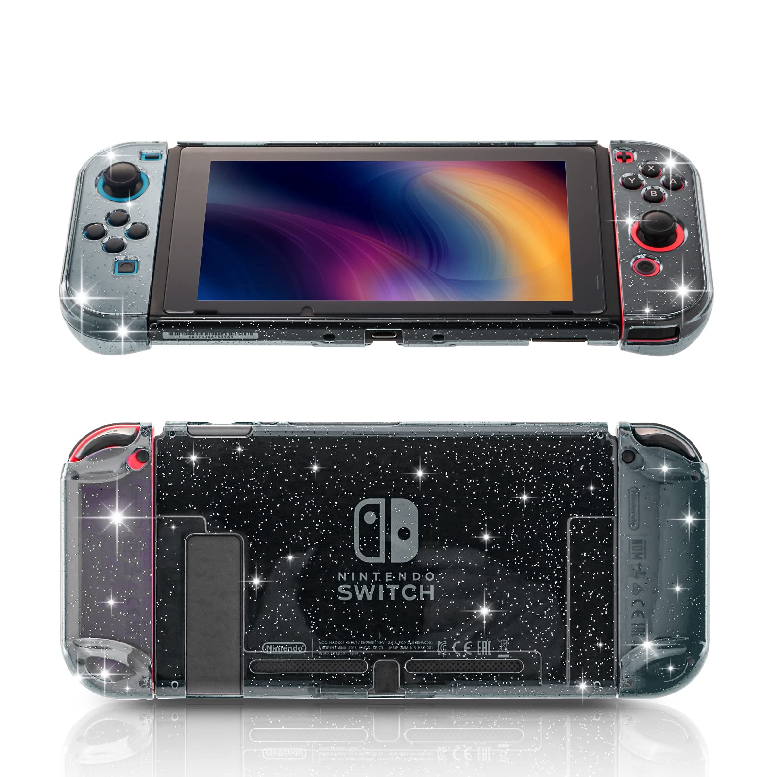 HEATFUN Glitter Case for Nintendo Switch, Protective Case for Nintendo Switch with a Tempered Glass Screen Protector and 6 Joy Stick Covers, Fit into The Dock Station - Black