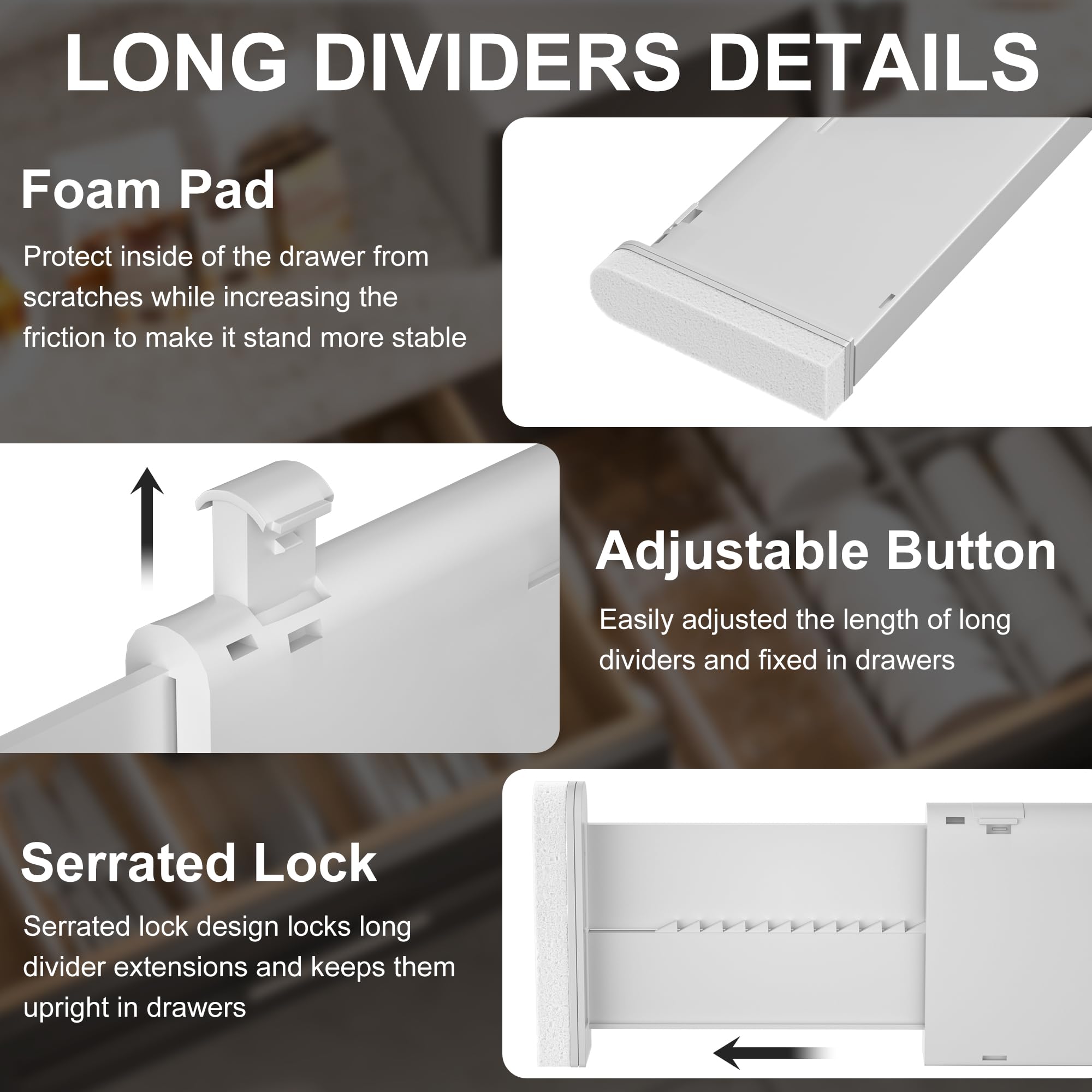 HiYZ Expandable Drawer Dividers - 12.6-22.8'' Adjustable Drawer Divider Organizers for Kitchen Utensils, Drawer Separators in Bedroom, Dresser, Office, Bathroom, Fridge, 3 Pack Long Dividers-Gray