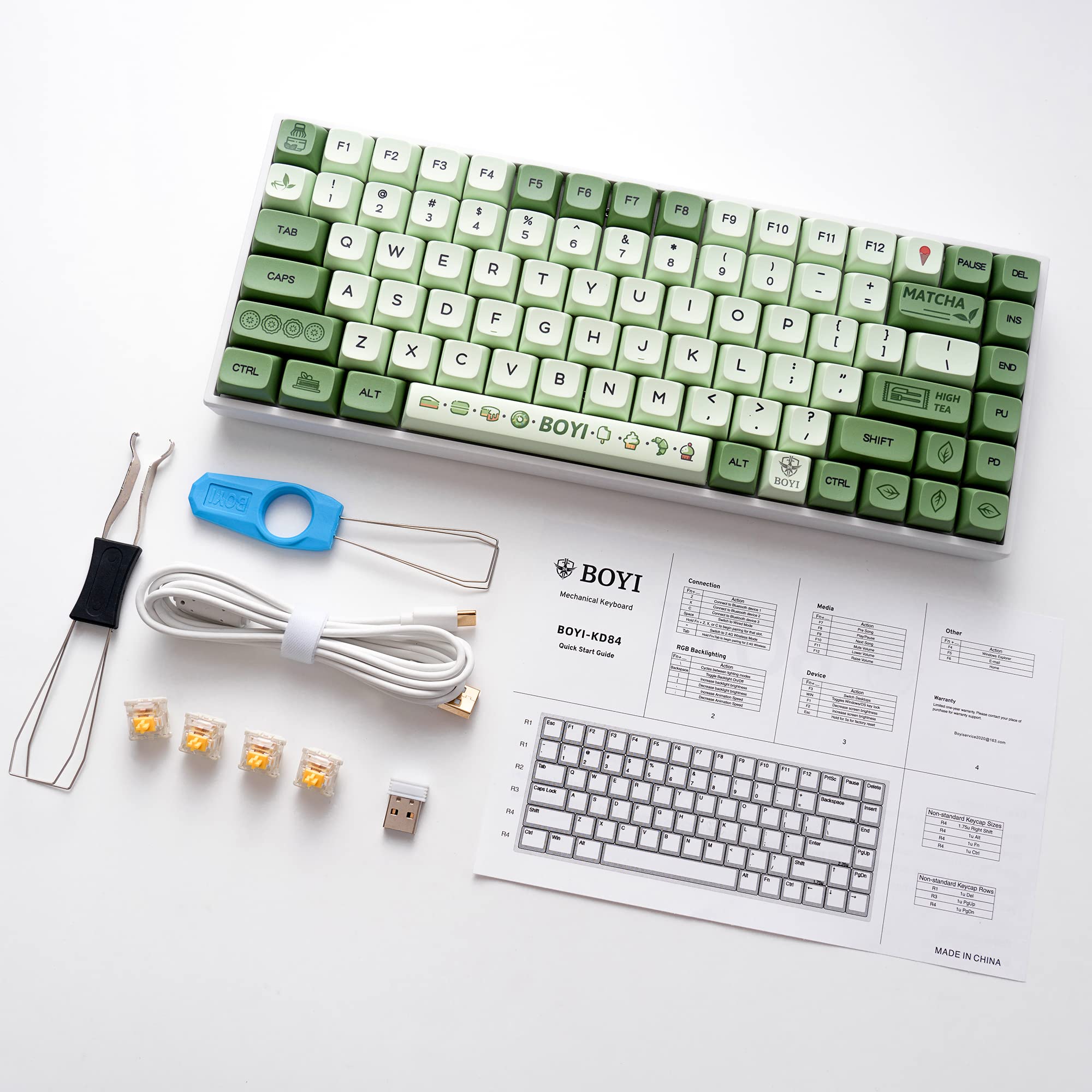 BOYI KD84 Hot Swappable 75% Compact Gateron Yellow Switch Keyboard, Bluetooth 5.0/Wireless 2.4G/Wired Type-C Tri-Mode N-Key Rollover RGB Mechanical Gaming Keyboard (BOYI Matcha XDA Keycaps)