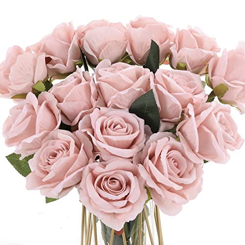Cloudecor 15Pcs Artificial Roses Velet Real Touch Single Stem Fake Roses Silk Realistic Bouquet Flowers Arrangements Home Office Garden Grave Party Wedding Decoration(Light Pink-15p, Blossom Roses)