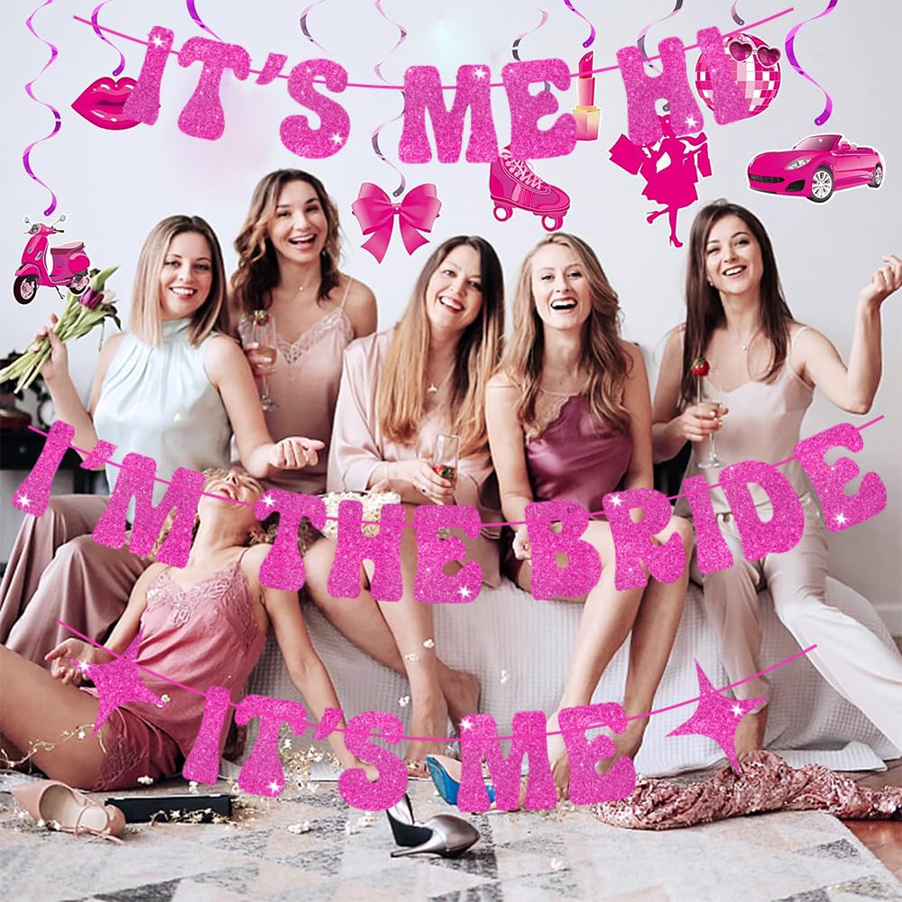 Hot Pink It's Me Hi I'm the Bride It's Me Banner, Pre-strung Glitter Bride Banner for Popular Singer Fans Bachelorette Party Decorations Bridal Shower Decorations Bride To Be Decorations