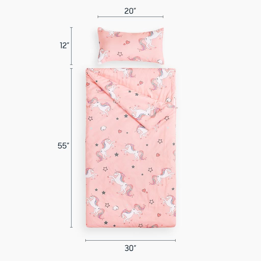 Wake In Cloud - Sleeping Bag Zippered, Nap Mat with Matching Pillow for Kids Boys Girls Sleepover Overnight Travel Slumber Bag, White Unicorns Printed on Pink, 100% Soft Microfiber