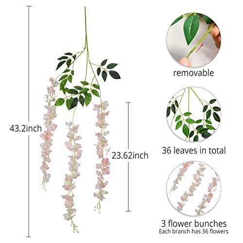 LUZOGA 25 Pack (90.2FT) Artificial Wisteria Flowers Fake Vine Ratta Hanging Garland Silk Flowers String for Home Party Garden Wedding Decor(Light Pink)