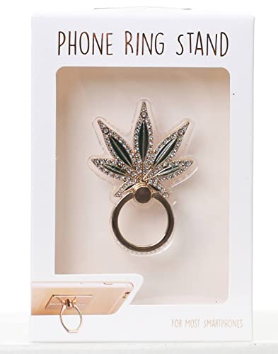 Cell Phone Ring Grip 360 Degree Rotation, Sparkly Crystal Stones Happy Leaf Design, Compatible with iPhone and Android Phone,Gold/Green,6008A-30