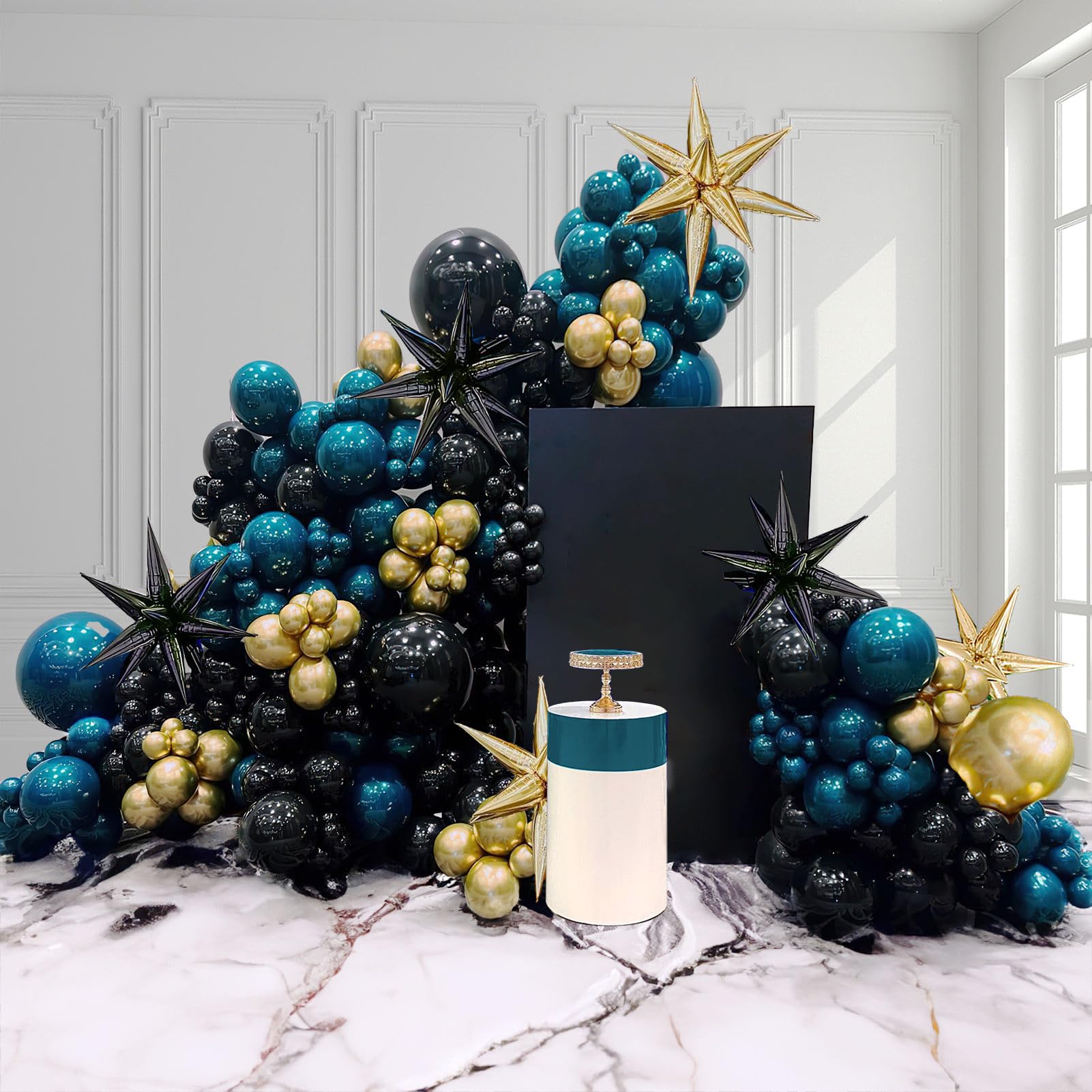 Chrome dark Teal and gold black Balloon Garland Kit 170Pcs Double-Stuffed Navy Teal Blue With Starburst Balloons for Birthday anniversary Baby Shower 2024 graduation prom Luxury shop decorations
