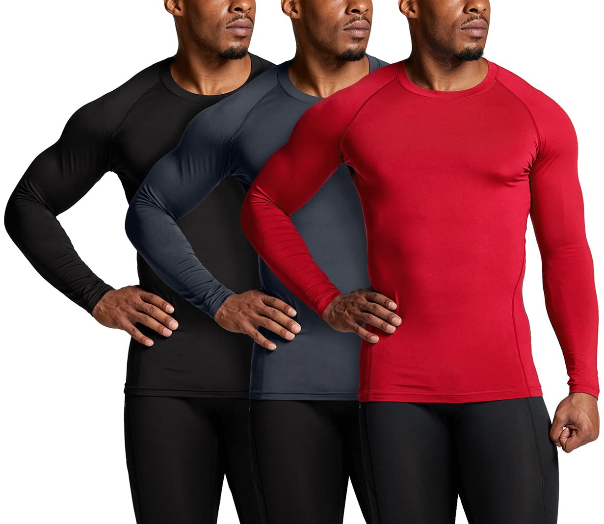 ATHLIO Men's Thermal Long Sleeve Compression Shirts, Winter Gear Sports Base Layer Top, Athletic Running T-Shirt, Active Top 3pack Black/Charcoal/Red, Medium