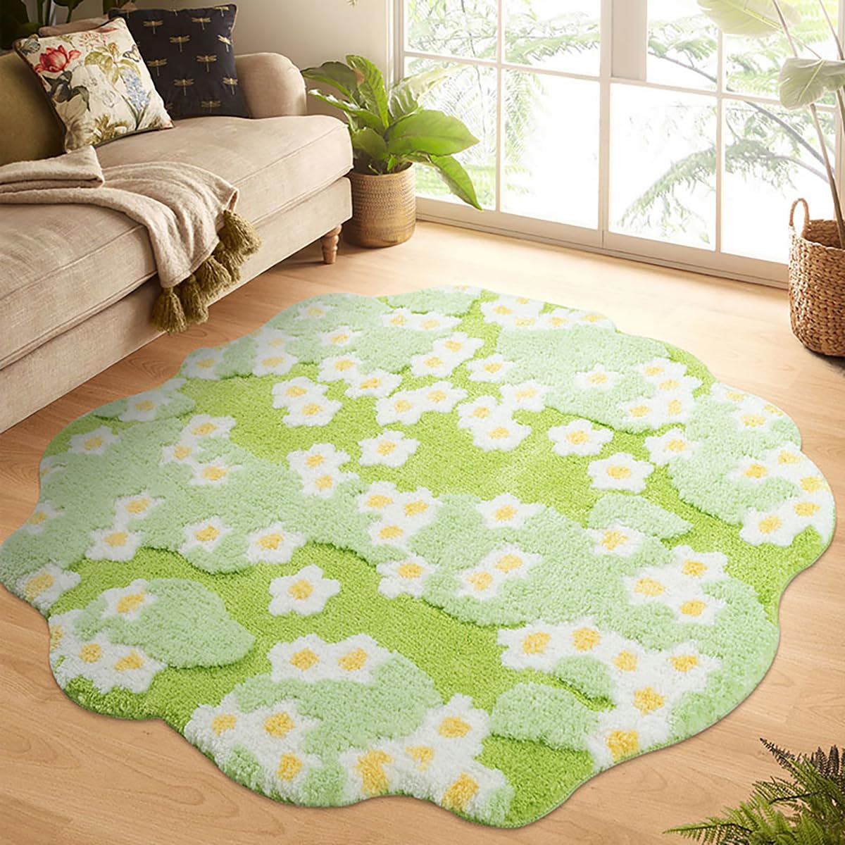 Moss Rug 3D Stereo Irregular Rug Nature Flowers Daisy Moss Rug for Living Room Bedroom Home Aesthetic Decor Floor Mat Indoor Floor Plush Shaggy Area Rug Anti-Slip Cute Rugs (39.4*39.4in) (green)